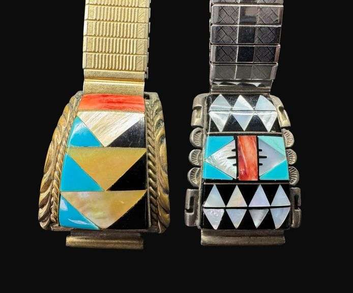 Vintage Signed Zuni Inlaid Watch Bands with Sterling Silver Tips ...