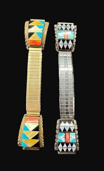 Vintage Signed Zuni Inlaid Watch Bands with Sterling Silver Tips ...