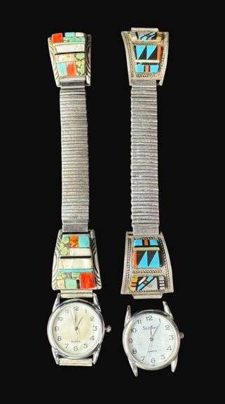 Vintage Signed Zuni Inlaid Watch Bands with Sterling Tips ...
