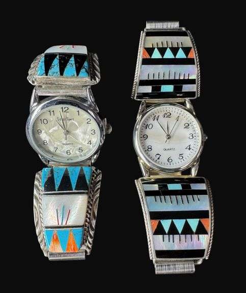 Vintage Signed Zuni Inlaid Watch Bands with Sterling Tips ...