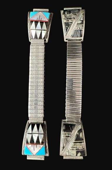 Vintage Zuni Inlaid Watch Bands with Sterling Tips - Auctionology LLC